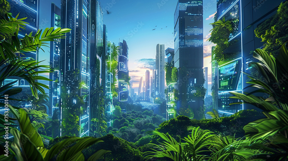 A futuristic city in the year 3000 bustling with advanced technology ...