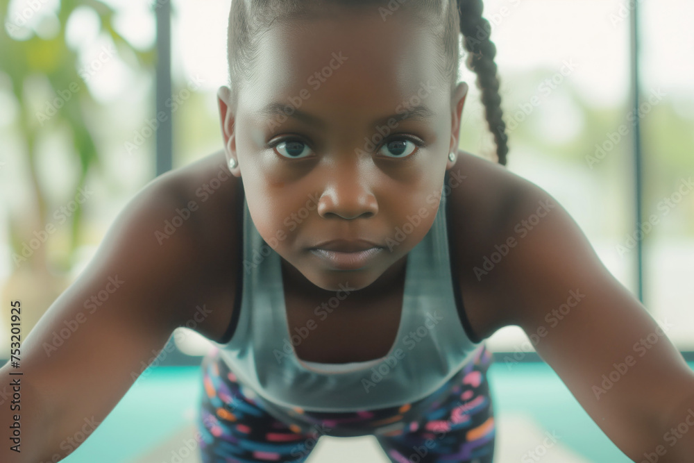 Child's workout: young african american girl trains in gym for physical ...