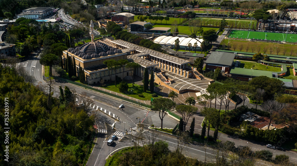 Aerial view of the Mosque of Rome, the largest mosque in the Western ...