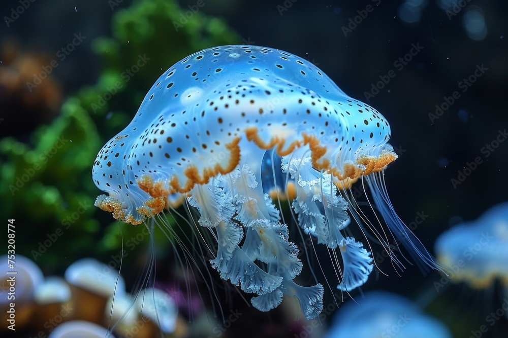 Deep ocean blue jellyfish with a unique spotted pattern and captivating ...