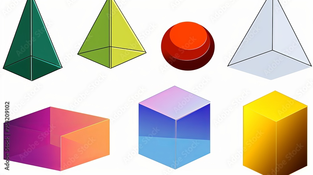 Geometry solids including cubes, rectangular prisms, pyramids ...