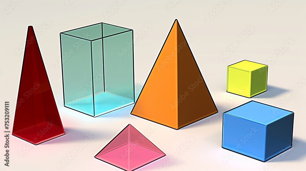 Geometry solids including cubes, rectangular prisms, pyramids ...