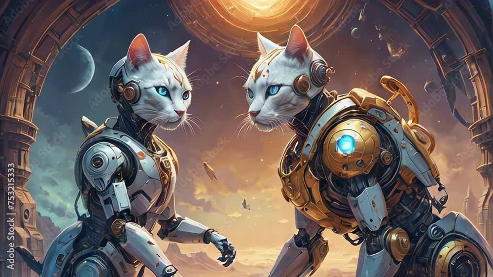two anthropomorphic robot cats standing in a pose that conveys human ...