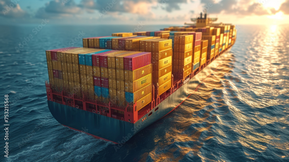 Gold containers with cargo on a container ship in the ocean Stock Photo ...