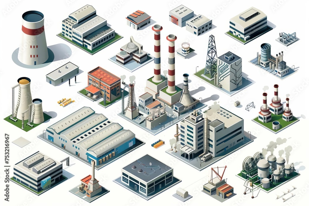 Comprehensive set of industrial facilities in detailed isometric design ...