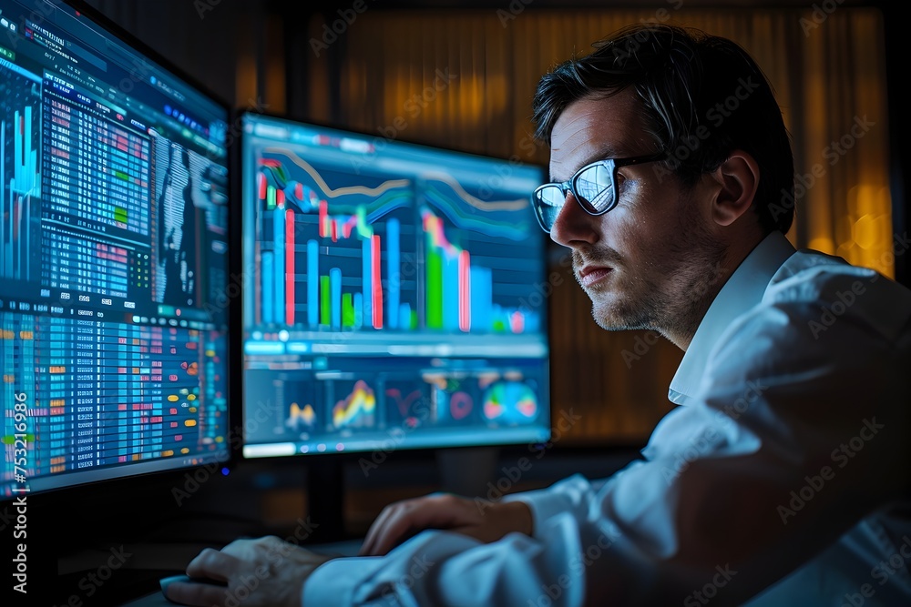 Stock Market. business man investor trader working late night with ...