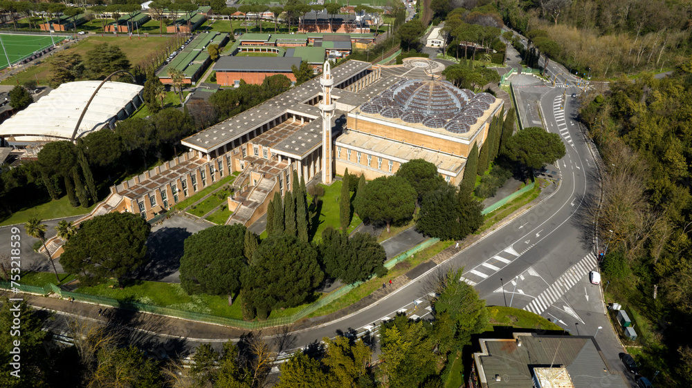 Aerial view of the Mosque of Rome, the largest mosque in the Western ...