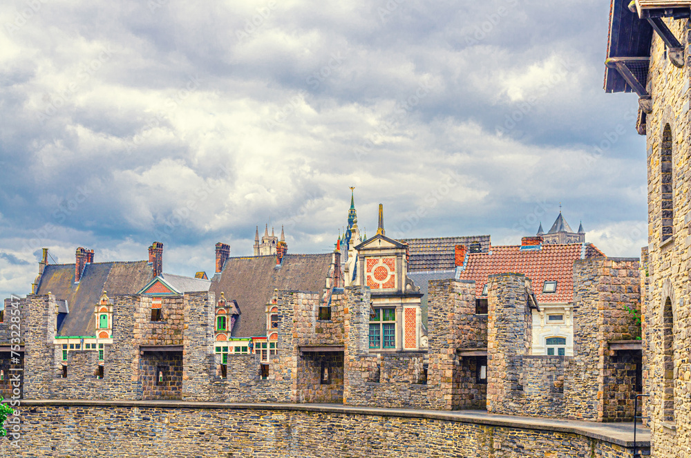 Merlons of The Castle of the Counts Gravensteen medieval castle with ...