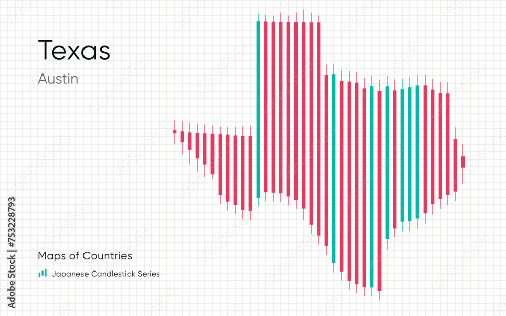 Texas map is shown in a chart with bars and lines. Japanese candlestick ...