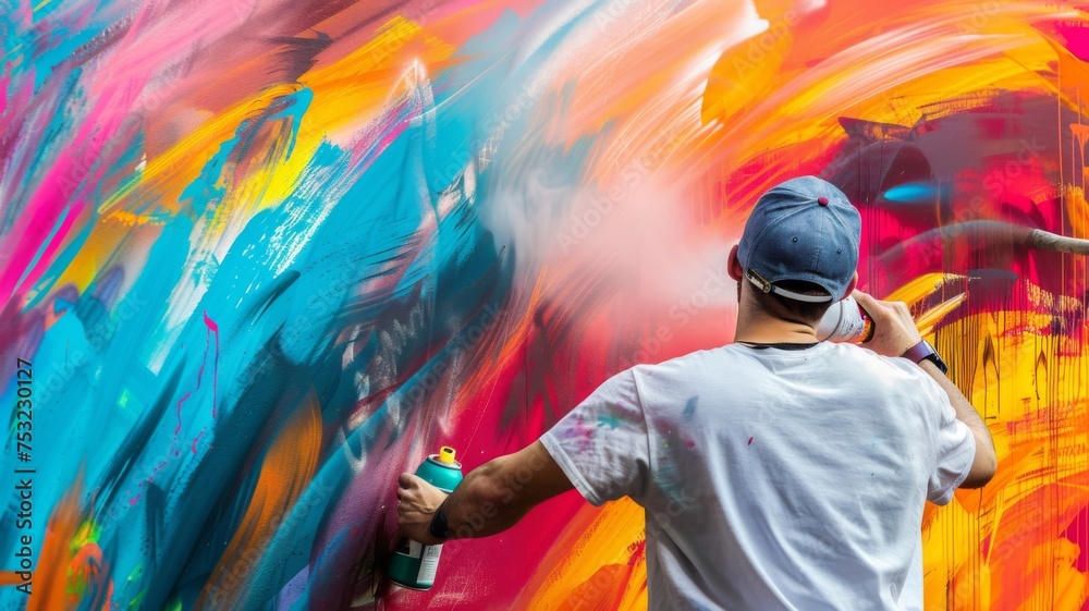 Street artist spraying colorful graffiti - A street artist in motion ...