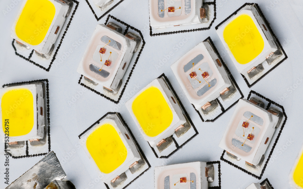 Closeup of light-emitting diodes on electronic LED circuit inside a ...