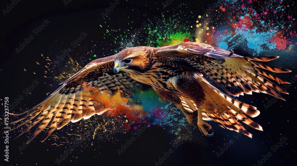 Winged creatures, cute animals hawk fly in the sky. Painted with paint ...