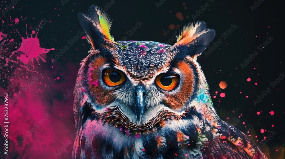 Winged creatures, cute animals owl fly in the sky. Painted with paint ...