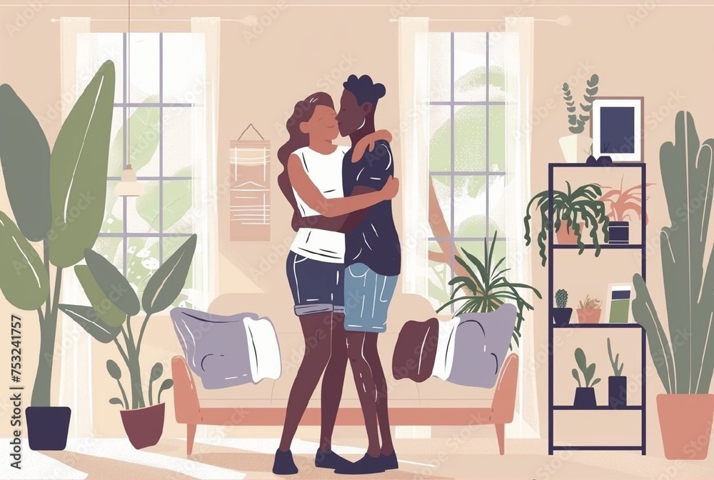 Young multiracial couple embracing in their first home together ...