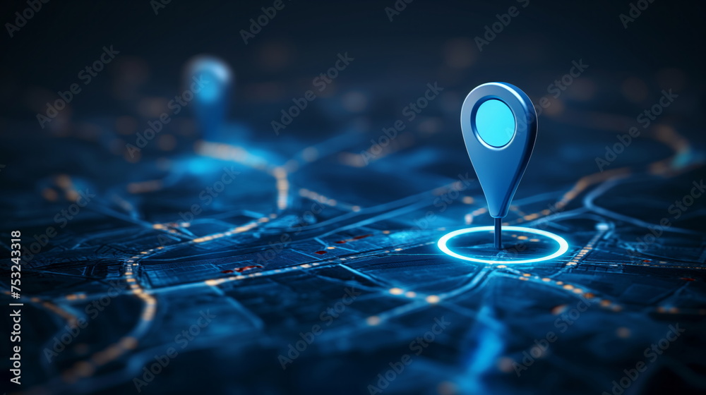 Futuristic blue digital map pinpointing a location with a glowing blue ...