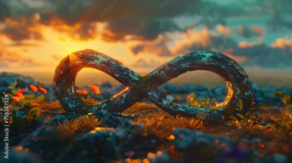 Metallic or stone infinity symbol on the ground at sunset. Sign of ...