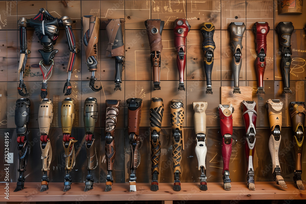 A row of robot legs with different colors and designs. The legs are all ...