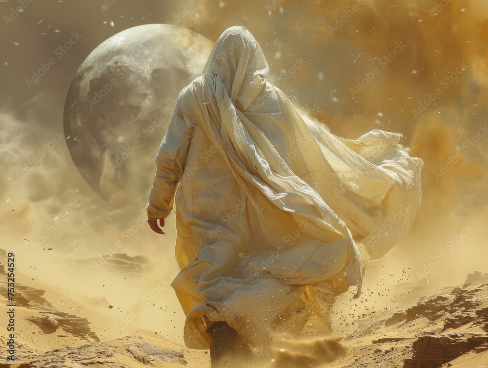 Dramatic dune sci-fi illustration: a robed figure traversing an ...