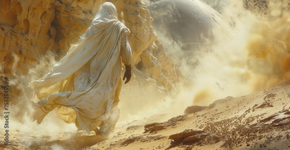 Dramatic dune sci-fi illustration: a robed figure traversing an ...