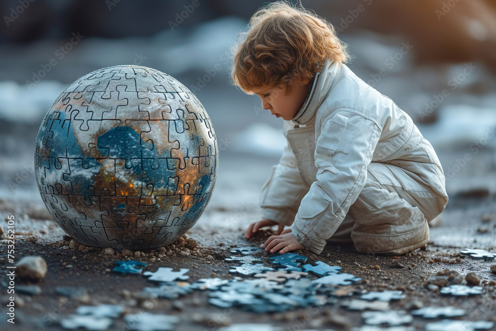 A little boy, imagines himself to be an astronaut and explores a globe ...