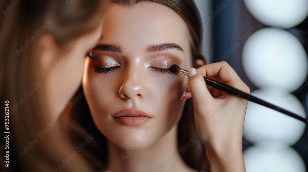 Young female model getting make up. Beautiful woman getting on her make ...