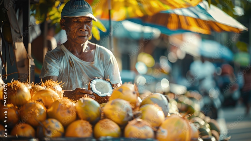 A vibrant marketplace scene, where vendors are selling fresh young ...