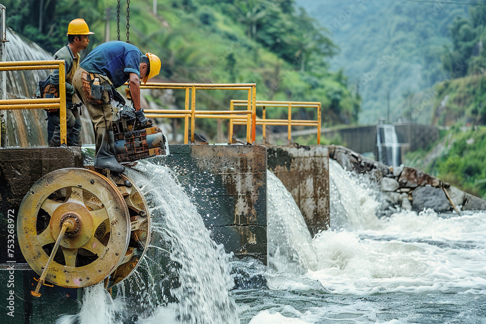 Technicians installing hydroelectric turbines in a river, harnessing ...