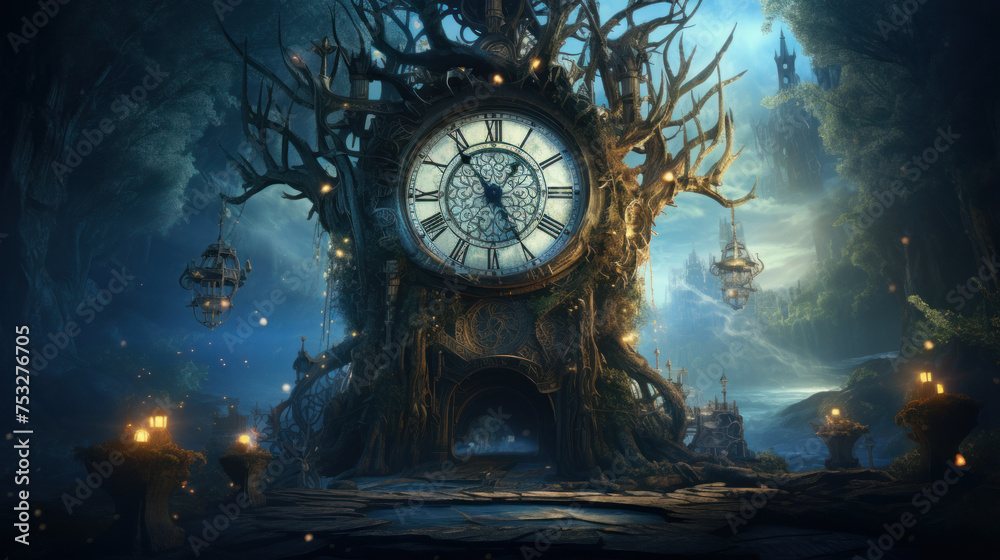 Mythical clock tower at the heart of an enchanted forest Stock ...