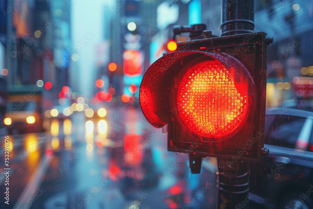 Red traffic light glowing against a rainy urban street scene, with the ...