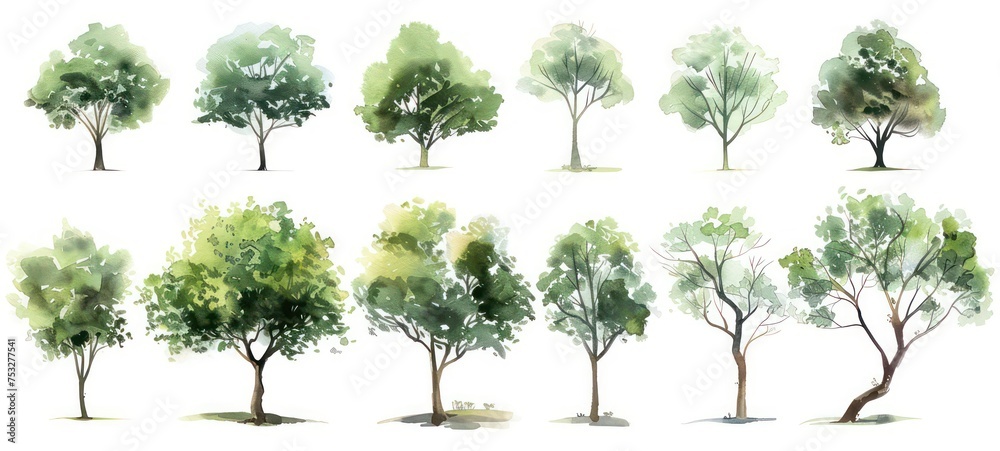 Green tree ,forest with grass elevation for landscape scene,watercolor ...