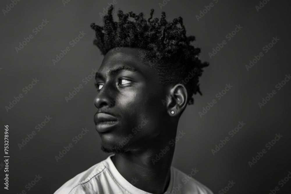 Artistic black and white side profile of a young man, his hair and ...