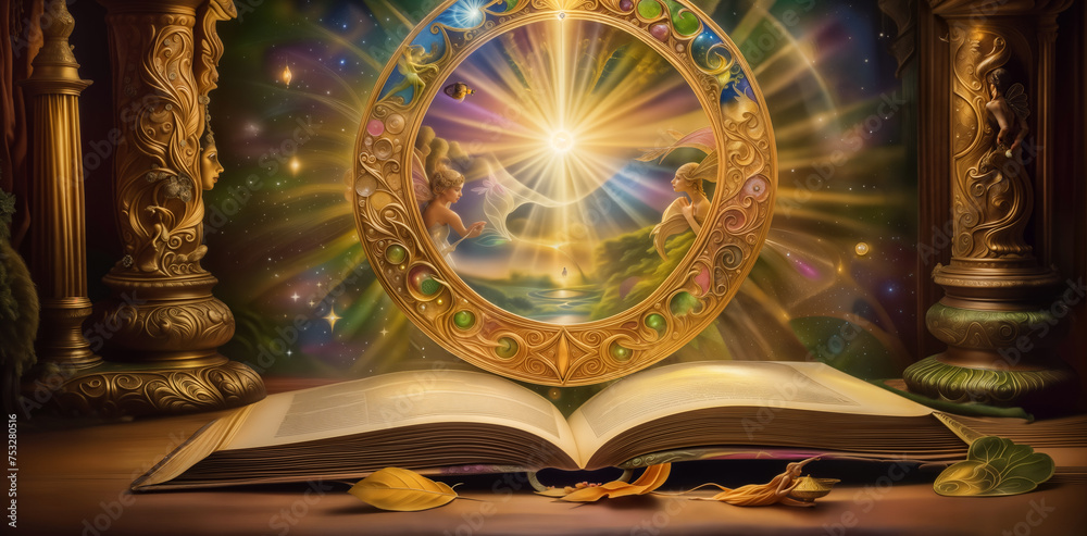 Open magic glowing book with a golden frame, infinite celestial library ...