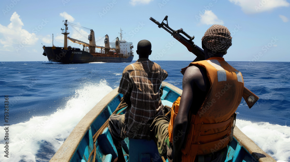 Modern day sea pirates attacking cargo ship, boat with armed men sails ...