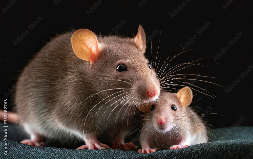 Rat mother and her young baby rat cute portrait on dark background ...