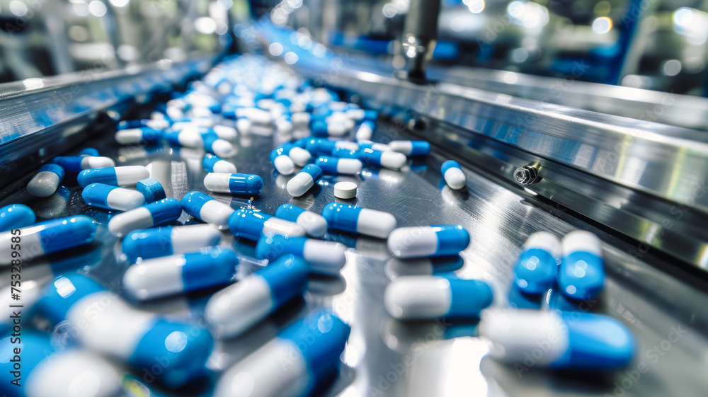 Pharmaceutical production line with blue and white capsules ...