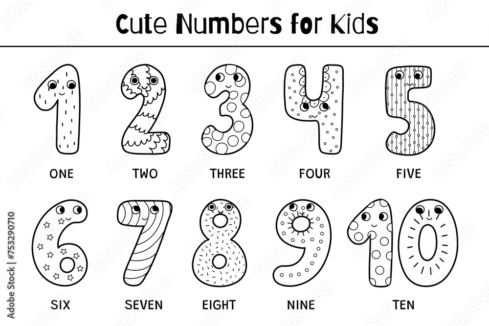 Cute numbers educational set for kids in black and white. Funny smiling ...