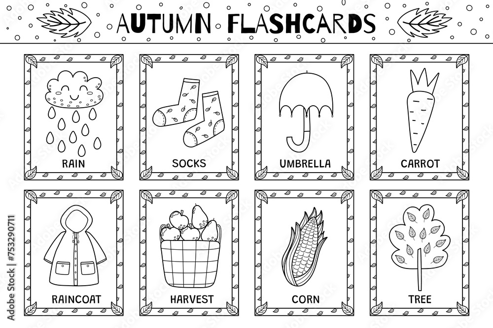 Autumn flashcards collection for kids in black and white. Flash cards ...
