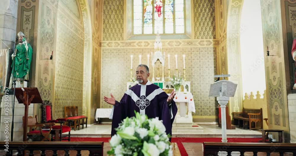 Funeral, preaching and priest in church for religion, spiritual and ...