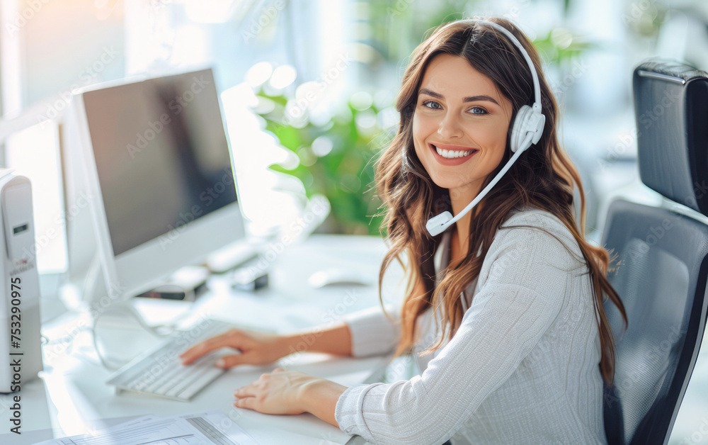 Customer service center led by a skilled female agent alongside her ...