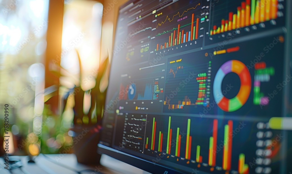 Modern data analysis computer monitor showing histograms and pie charts ...