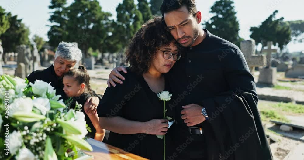 Hug, support or couple in graveyard for funeral, spiritual service or ...
