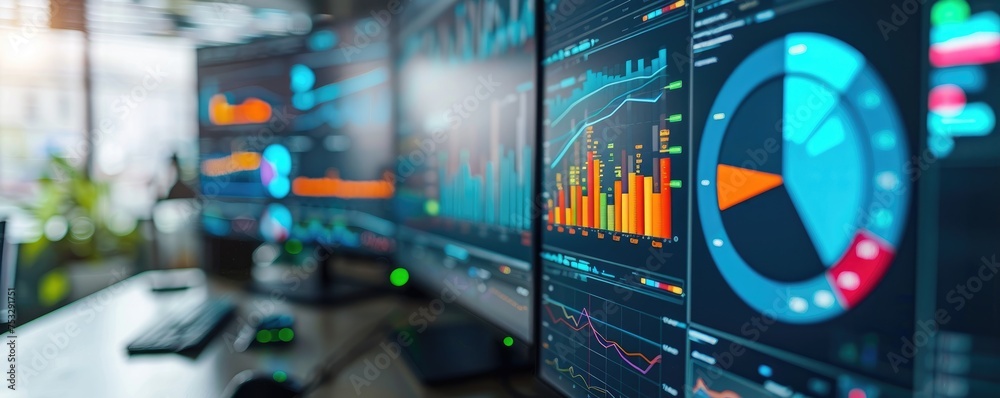 Modern data analysis computer monitor showing histograms and pie charts ...