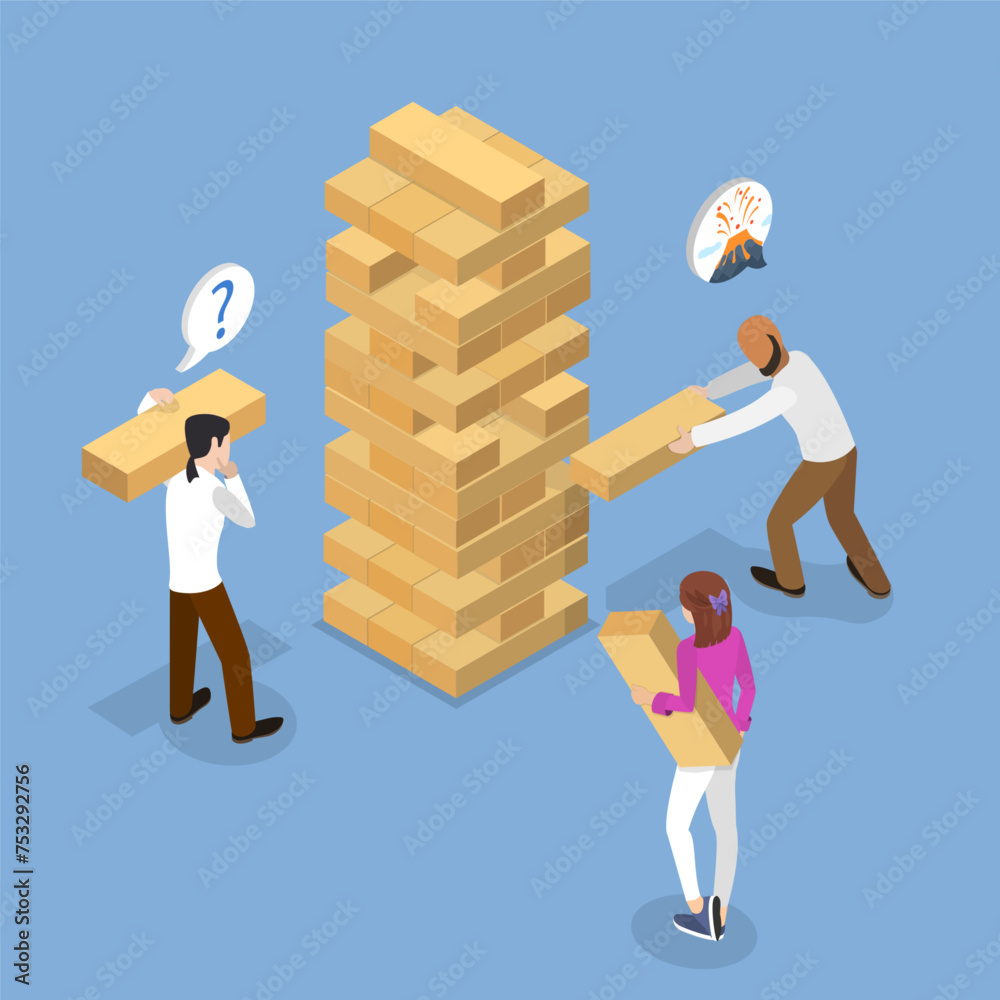 3D Isometric Flat Vector Illustration of Paying Jenga Game, Having Fun ...