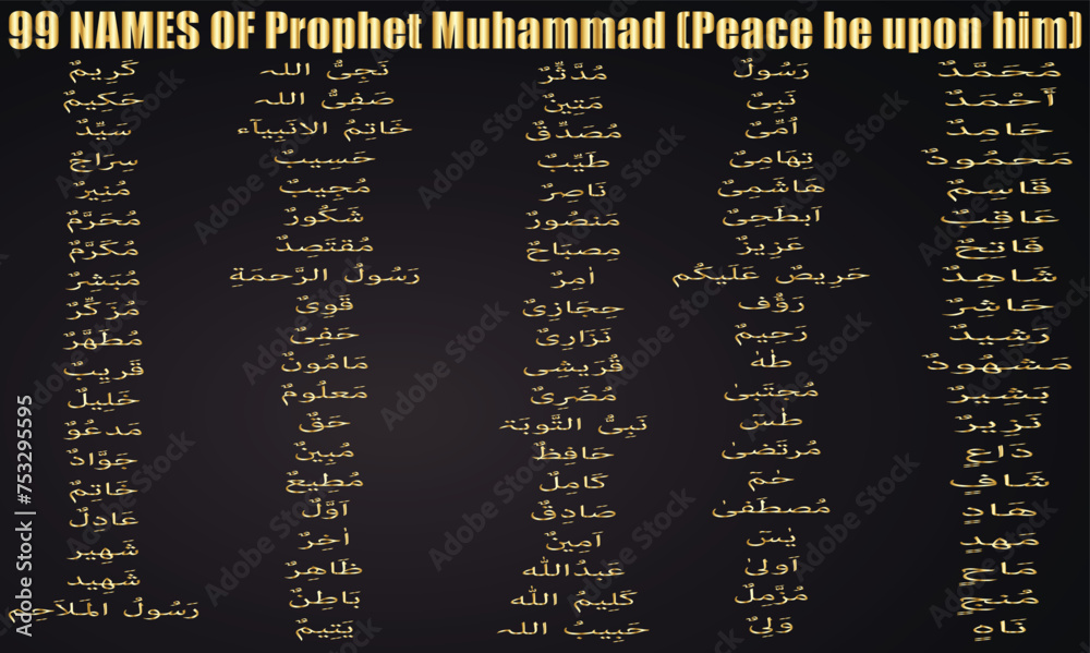 99 names of prophet muhammad, Vector of Arabic calligraphy name of ... 99 names of prophet muhammad, Vector of Arabic calligraphy name of ...