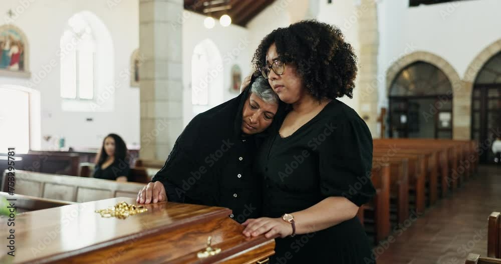 Grief, crying and women at coffin together at memorial service at ...