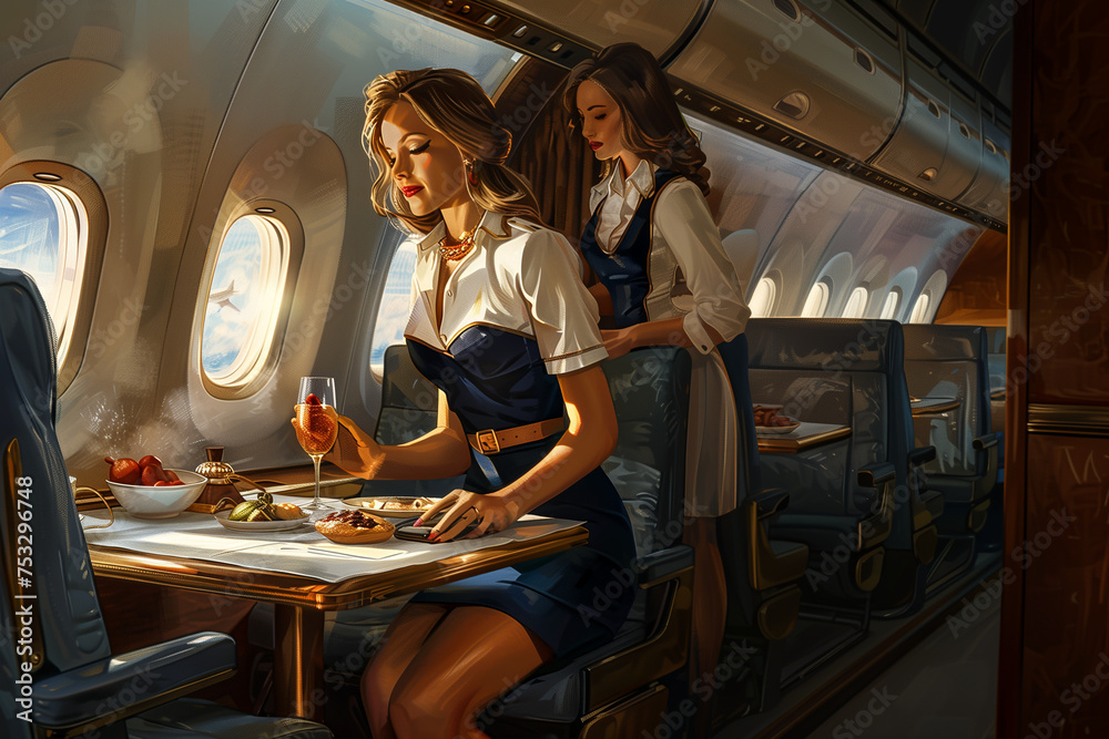 Two stewardess flight attendants service on airplane in first class or ...