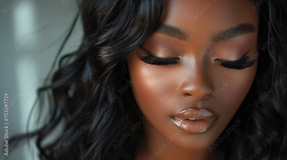 full mink lashes, eyes closed black american woman with long wavy jet ...