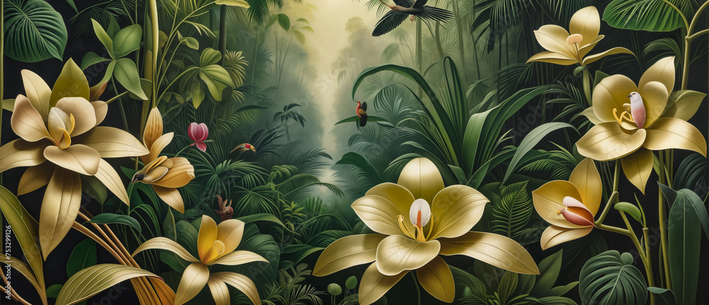ภาพประกอบสต็อก Gold flowers and birds in the jungle. background lush ...