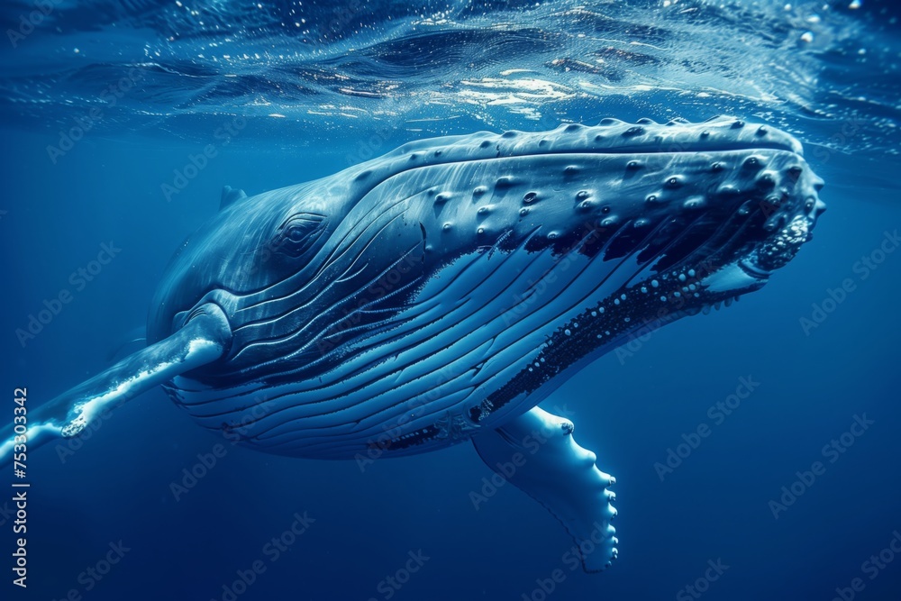 Giant blue whale swimming in deep blue ocean water. Underwater wildlife ...