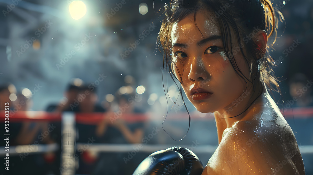 A young Asian female boxer with a determined look in her eyes and the ...